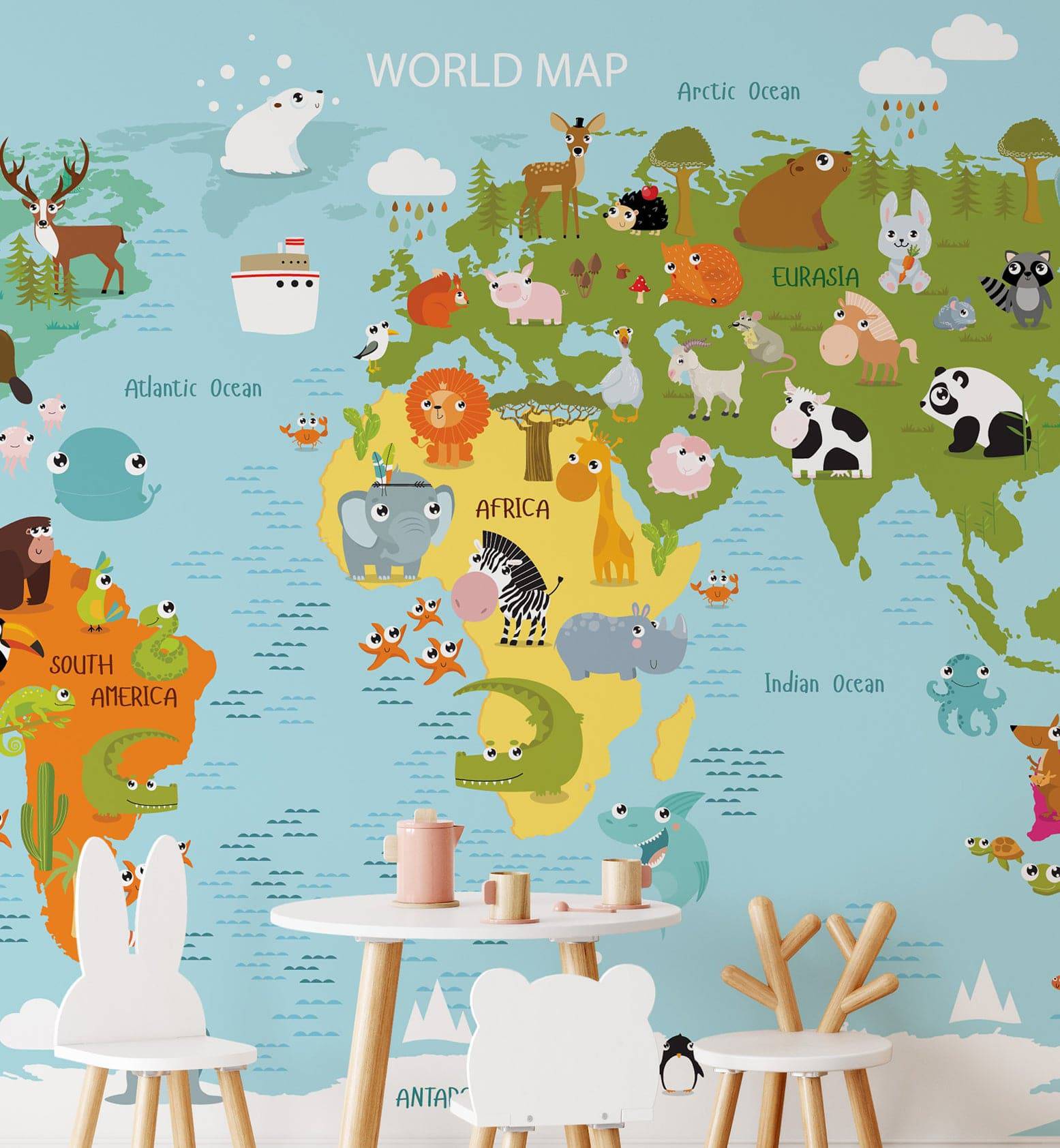 Cute Animal Map Kids Removable Wallpaper | Walltrendz